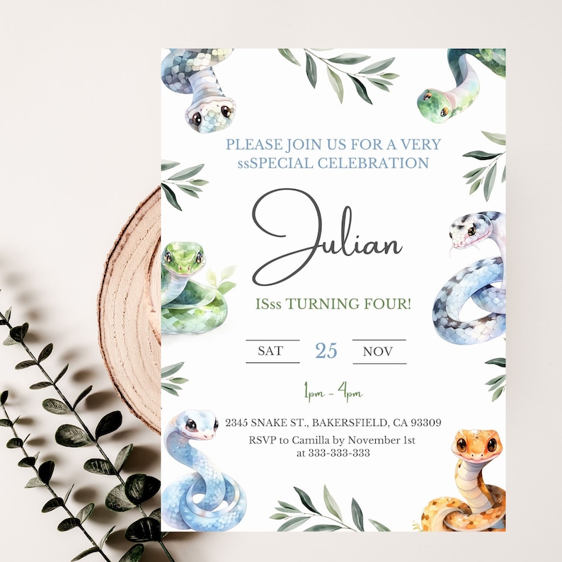 Editable Snake Birthday Invitation: Jungle Theme Party (digital ...