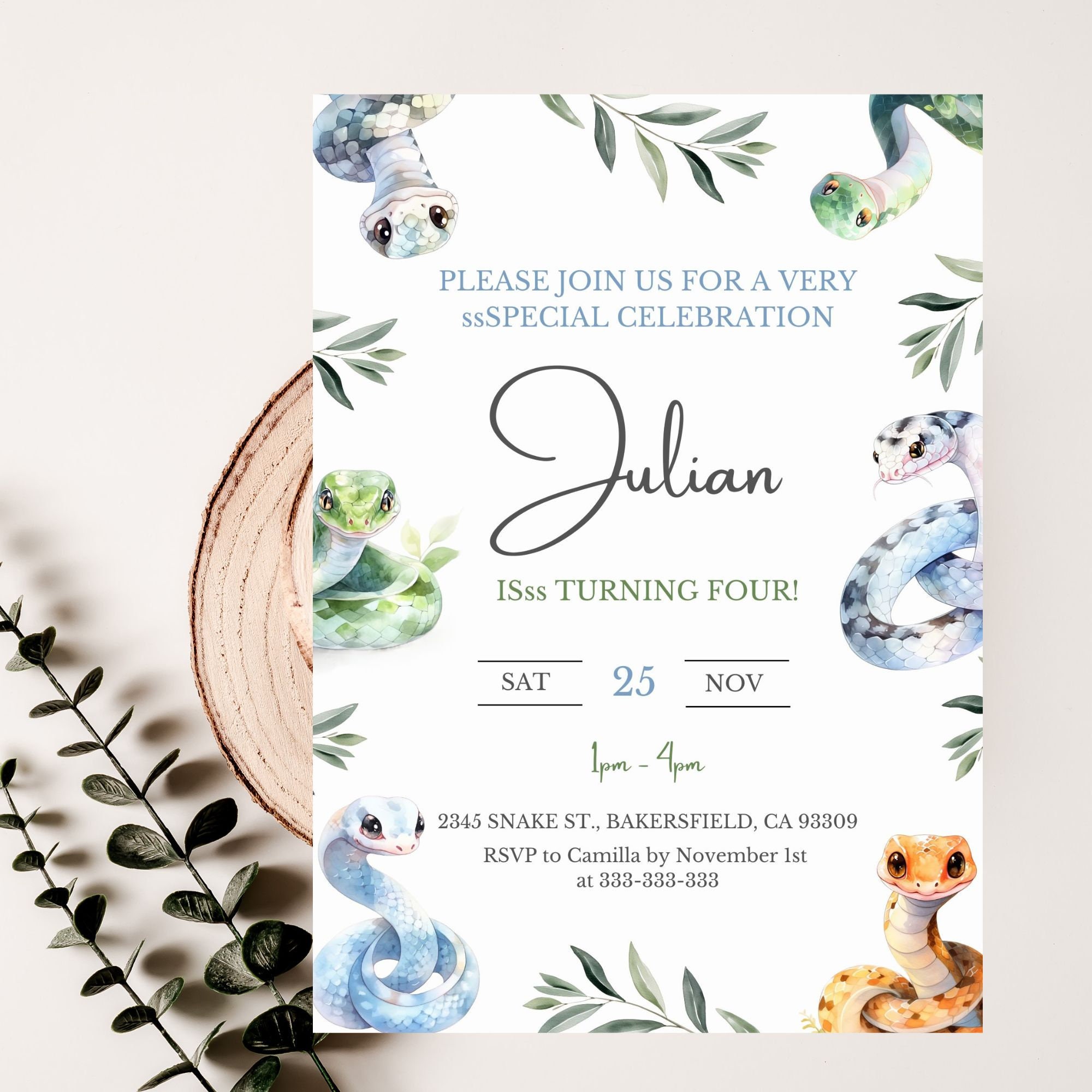 Editable Snake Birthday Invitation: Jungle Theme Party (digital ...