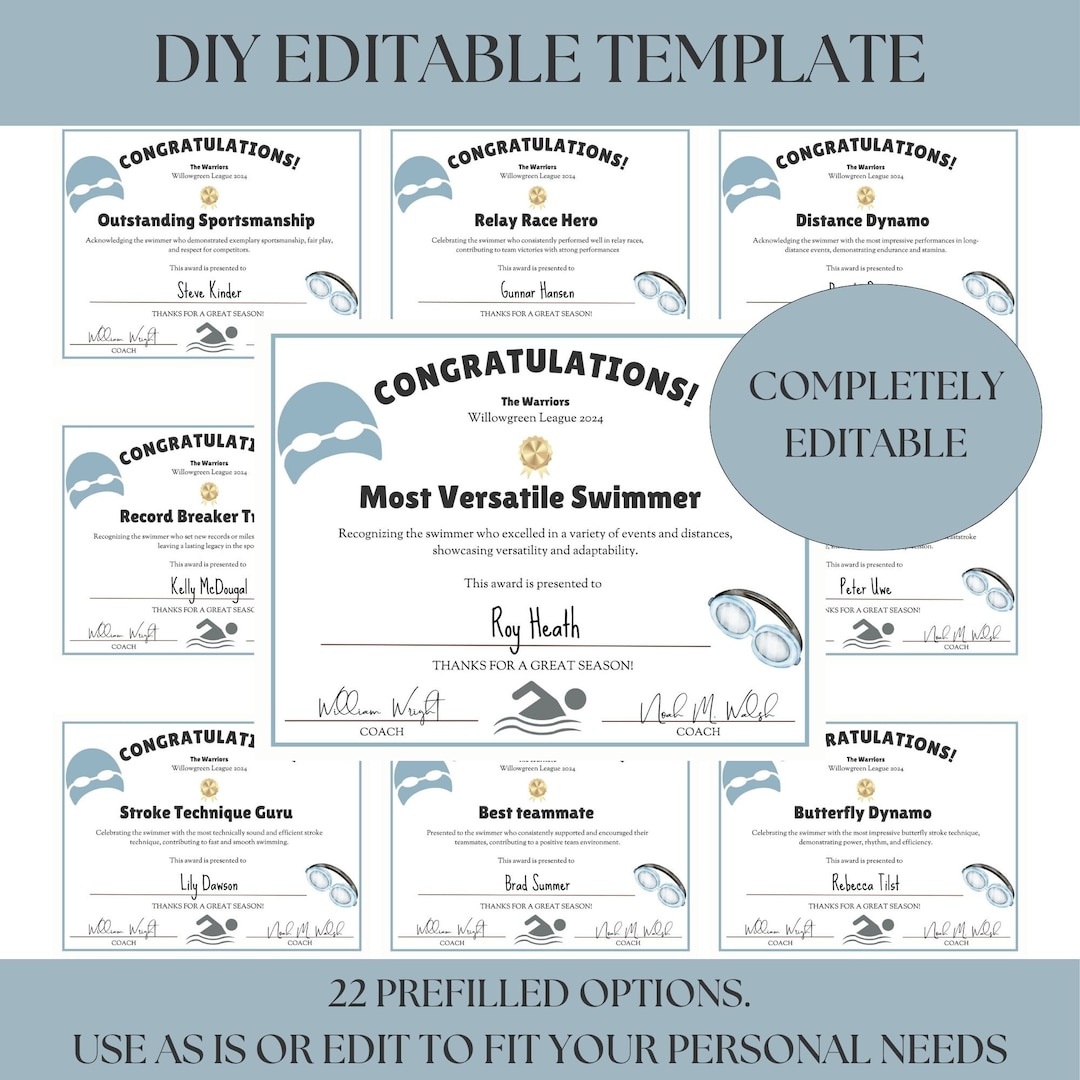 Swim Team Award Certificates: Editable Canva Template (8.5x11) - Etsy