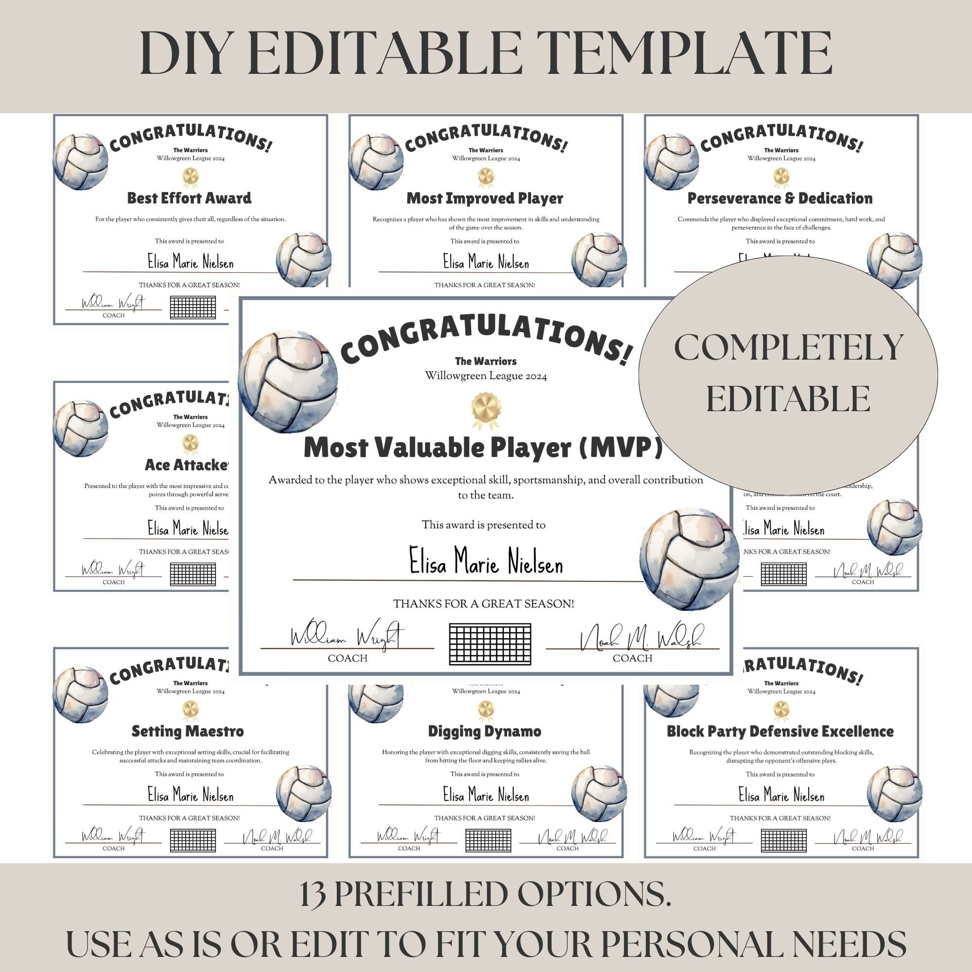 Volleyball Award Certificates, Award Ceremony Certificates, End of ...