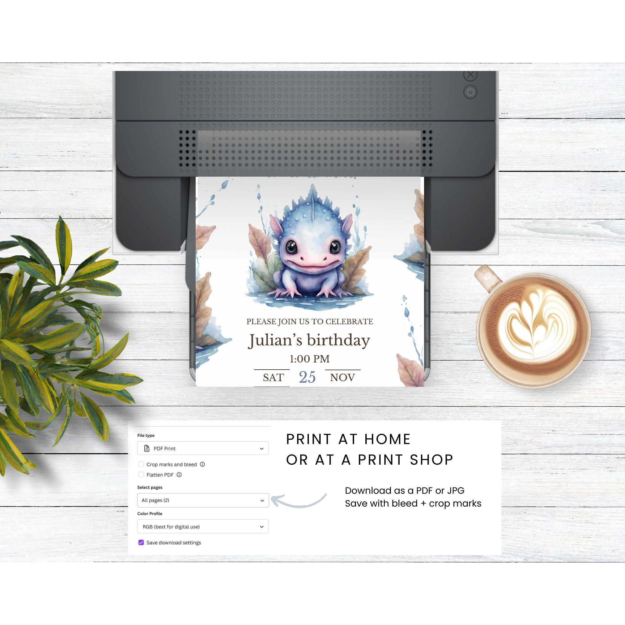 Axolotl Birthday Invitation Boy, Blue Cute Invite, Editable Canva ...