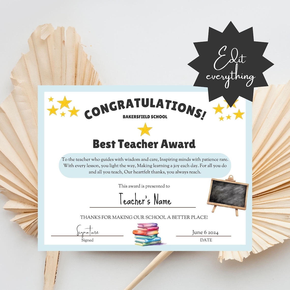 Best Teacher Award Certificate, End of School Year Appreciation, Gift ...