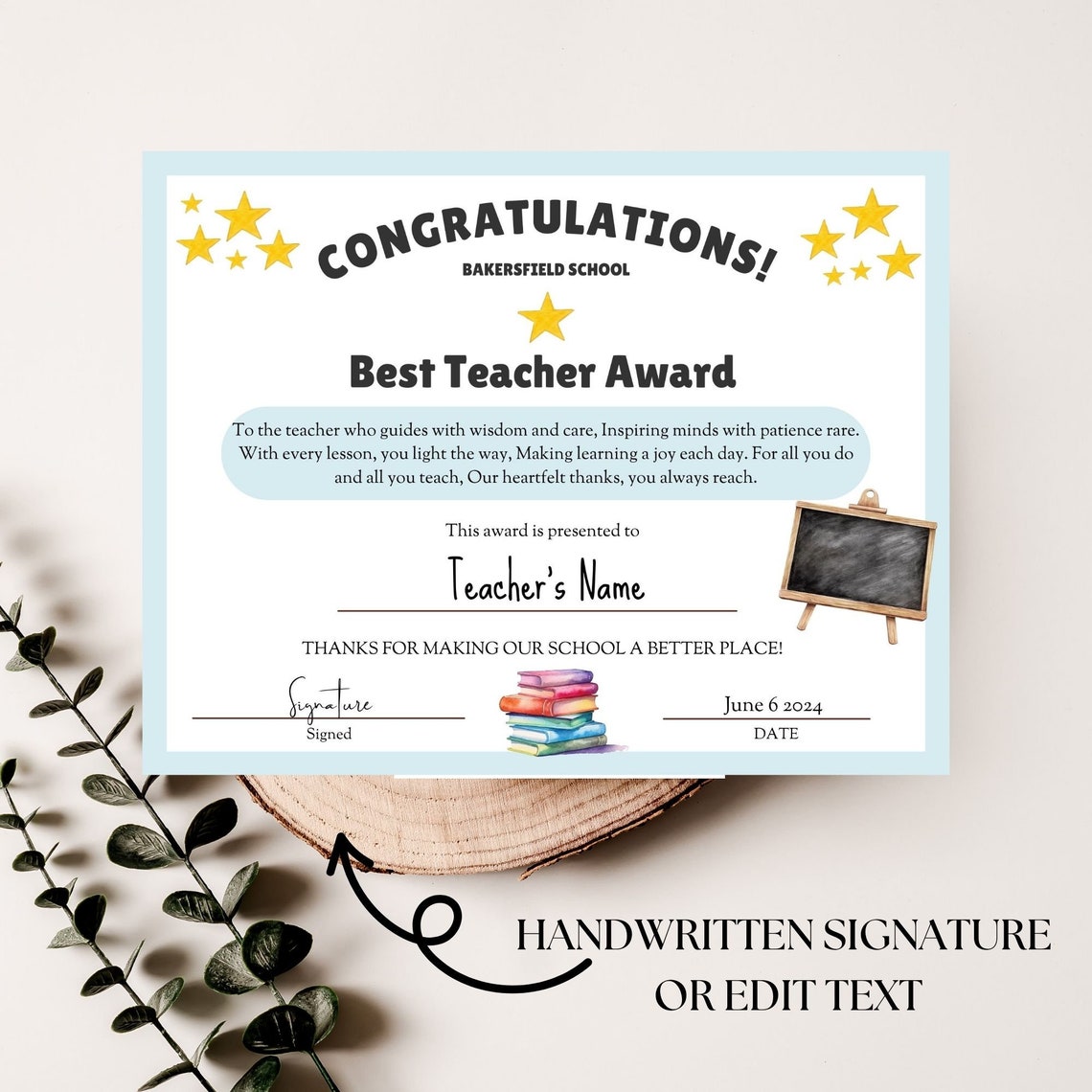 Best Teacher Award Certificate, End of School Year Appreciation, Gift ...