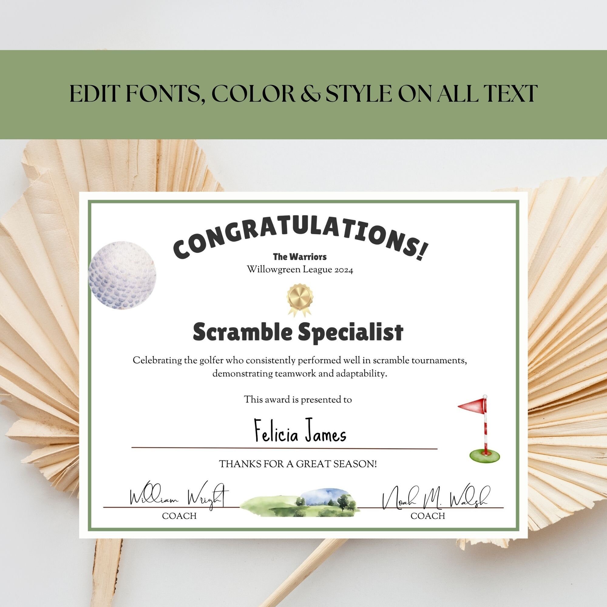 Editable Golf Award Certificate: End of Season Banquet (canva Template ...