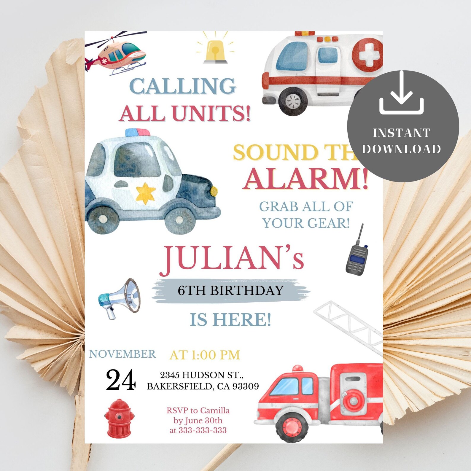 Emergency Vehicles Birthday Invitation: First Responders Party ...