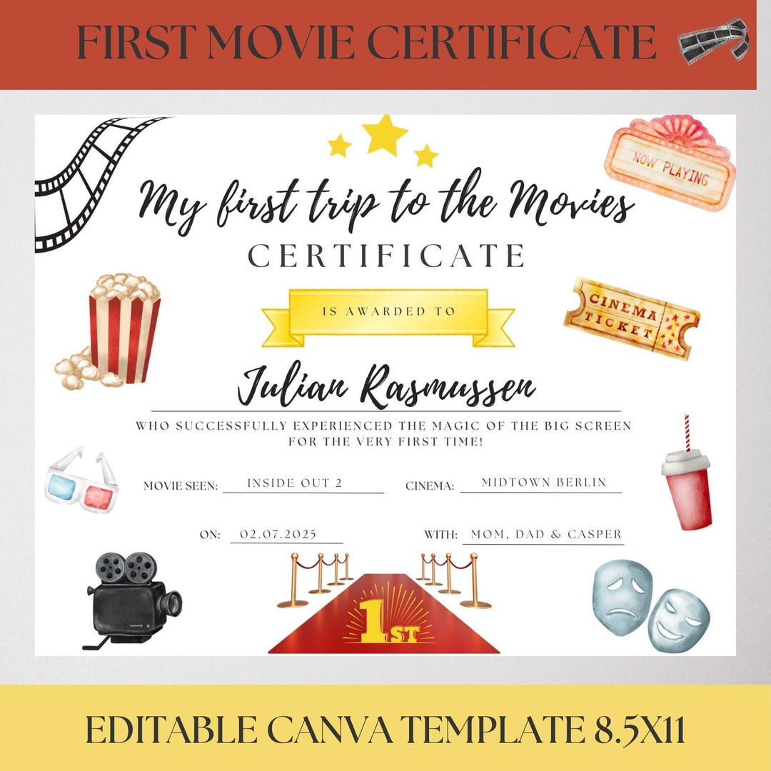 My First Trip to the Movies Certificate, Toddler's Award, Kids Cinema ...