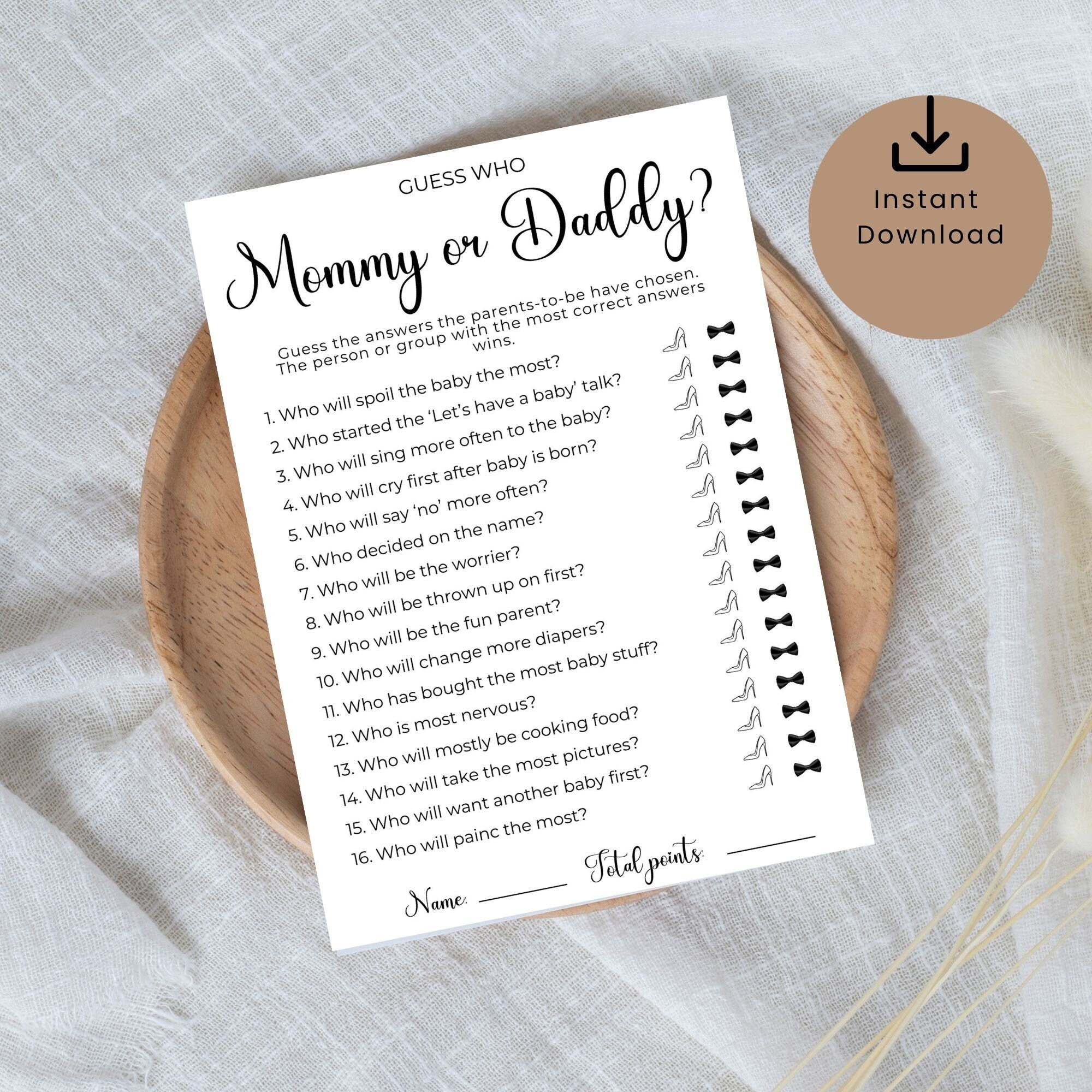 Baby Shower Games About Parents, Mommy or Daddy Guess Who Game ...