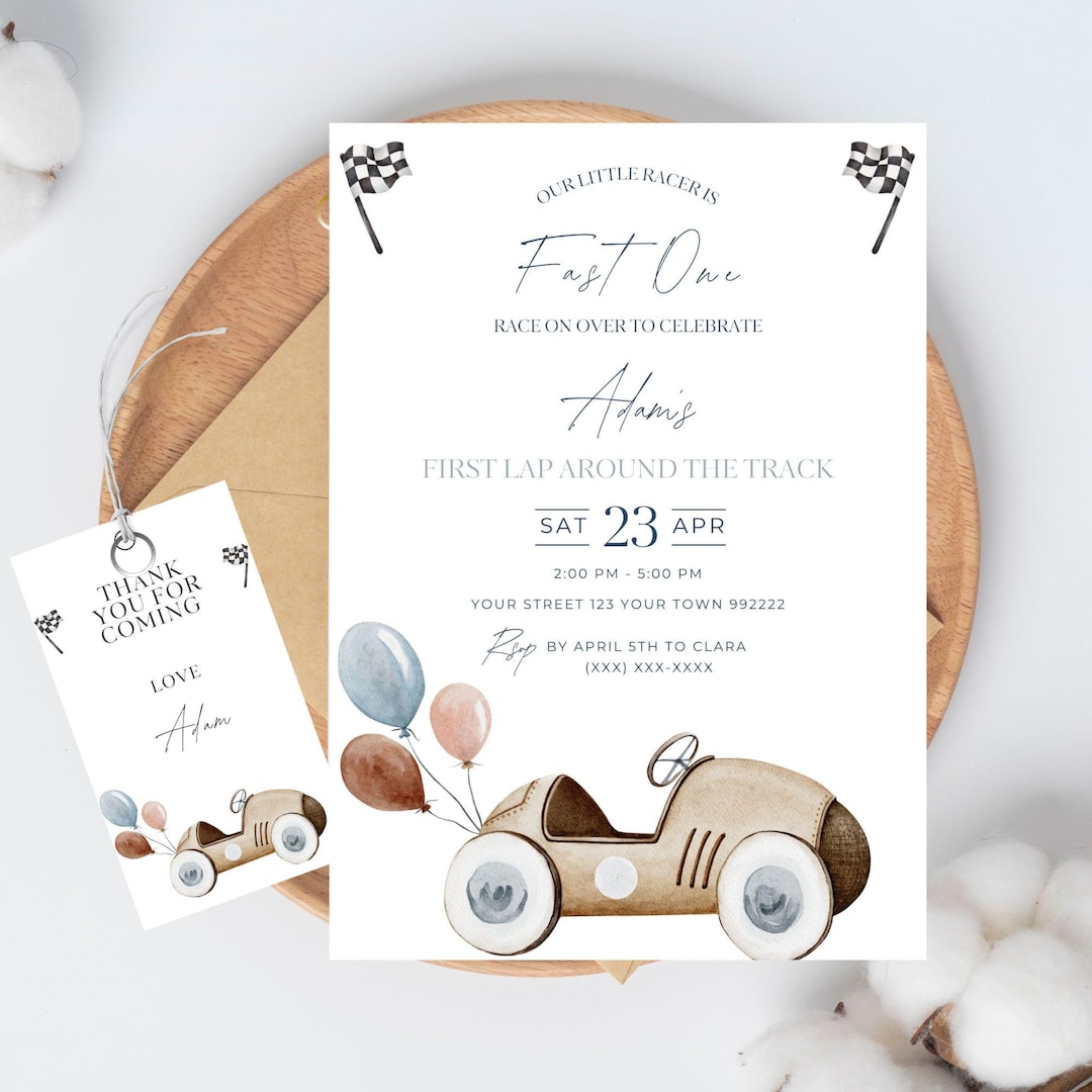 First Lap Around the Track Birthday Invite, Fast One, First 1st ...