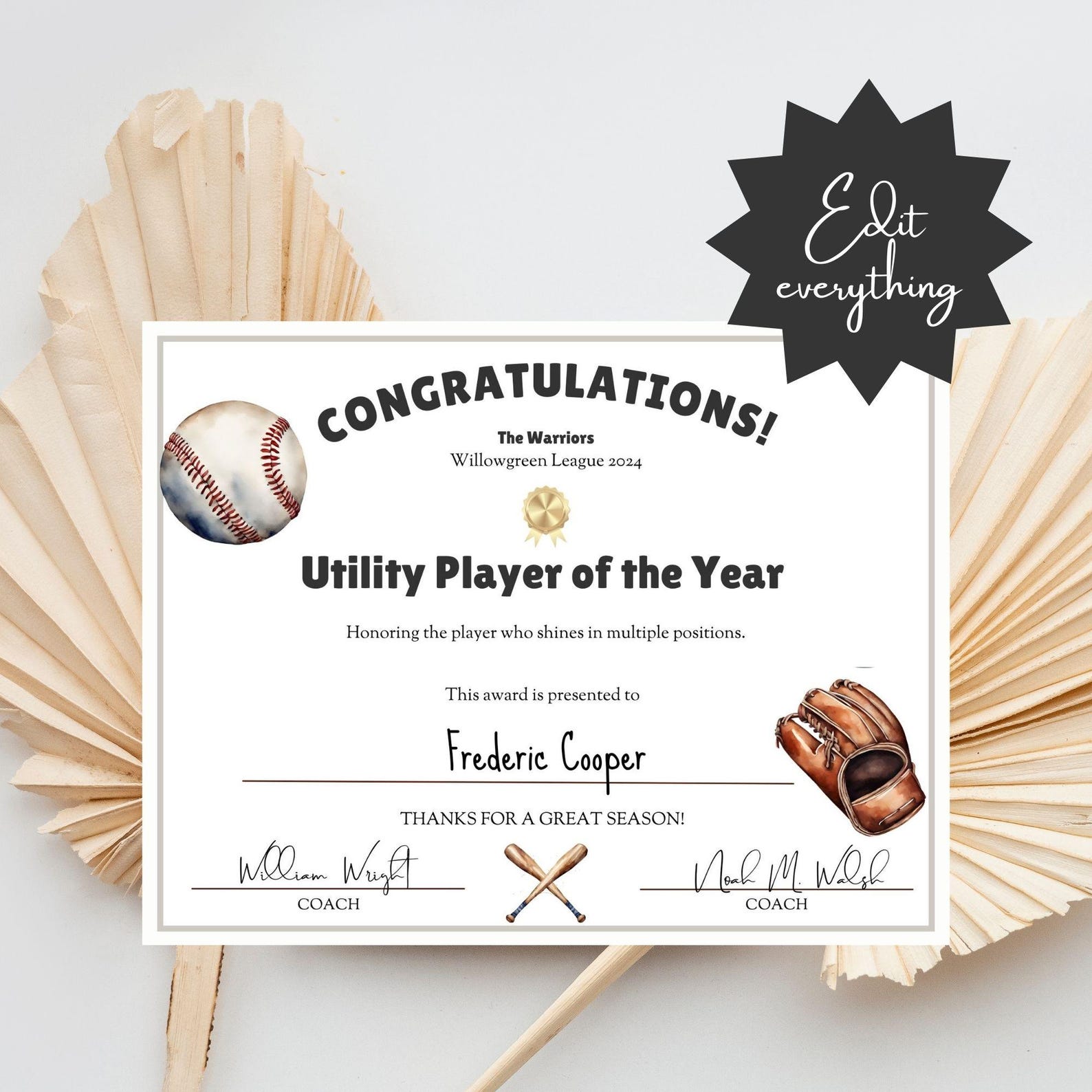 Editable Baseball Award Certificates: Team Banquet Template (canva) - Etsy