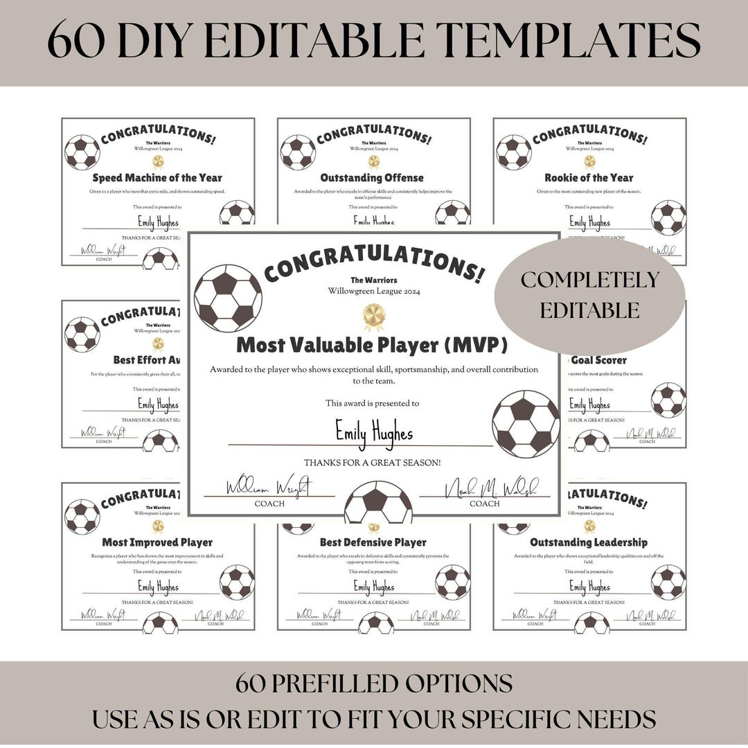 Editable Soccer Award Certificates: Team Party Printables (canva ...