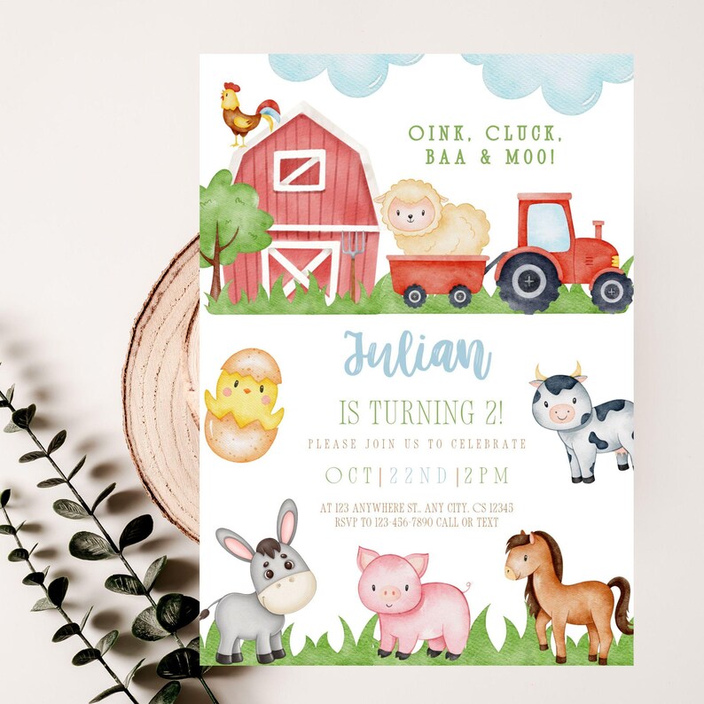 Barnyard 2nd Birthday Invite, Boy Farm Animals Invitation, Editable ...