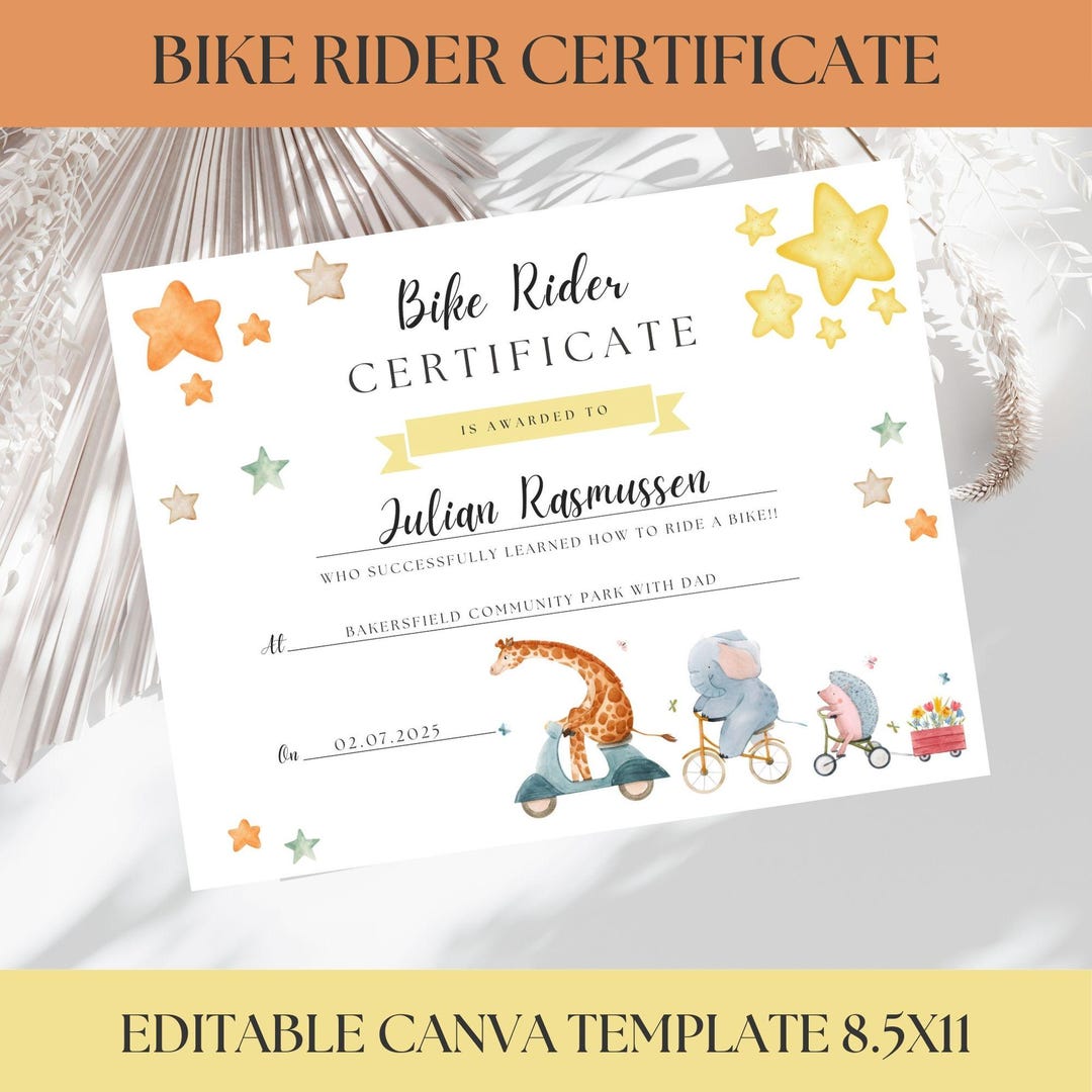 Bike Rider Certificate for Kids, Toddler's Award, Learned to Ride a ...