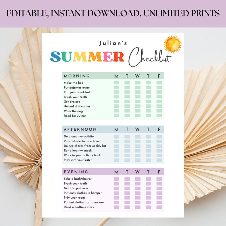 Printable Editable SUMMER Daily Checklist for Kids, Chore Chart ...