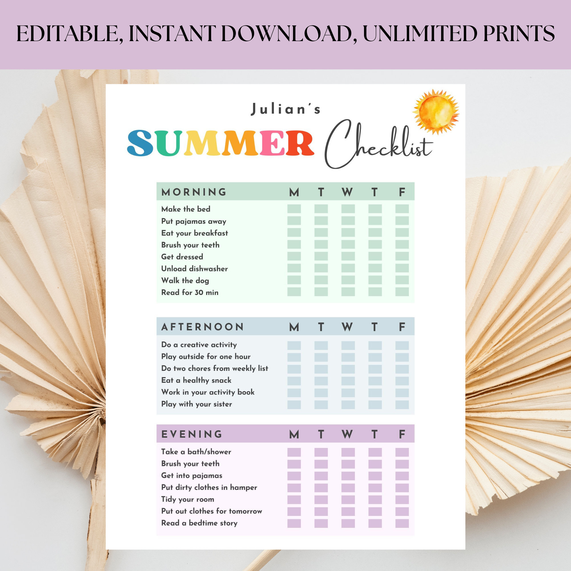 Printable Editable SUMMER Daily Checklist for Kids, Chore Chart ...