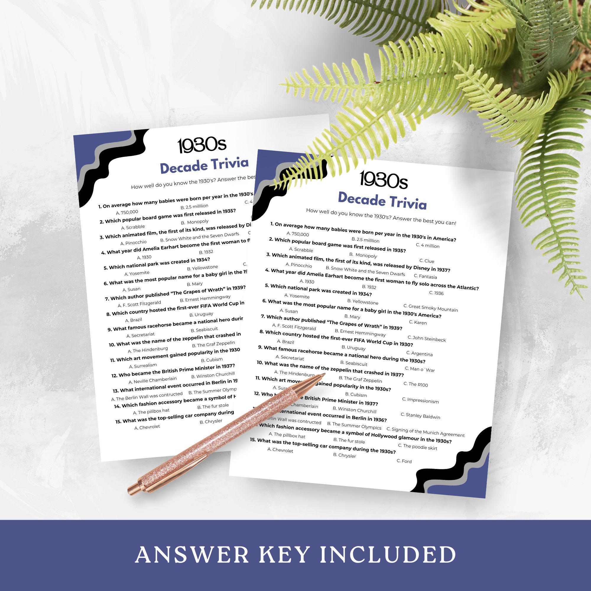 1930s Decade Trivia Game: 90th Birthday Party (digital Download) - Etsy