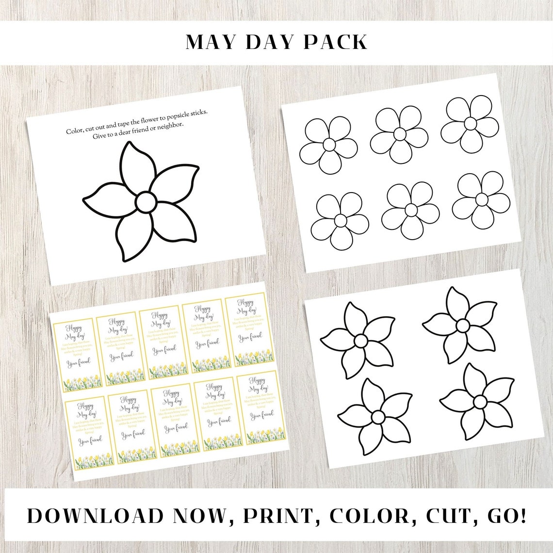 Printable May Day Cards for Kids, Flower Cutouts, Coloring, Spring ...