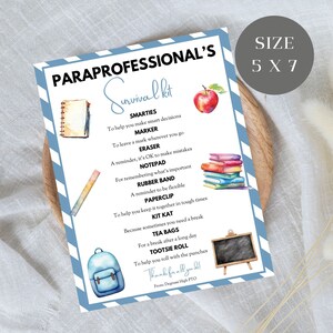 Paraprofessional's Survival Kit Tag, Back to School Parapro Gift Idea ...