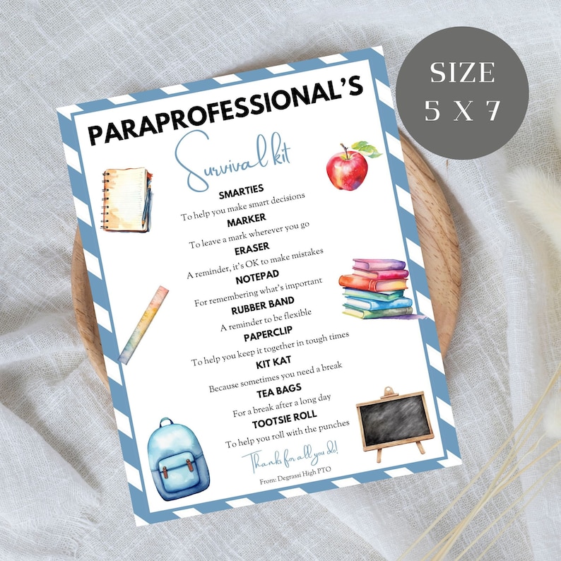 Paraprofessional's Survival Kit Tag, Back to School Parapro Gift Idea ...