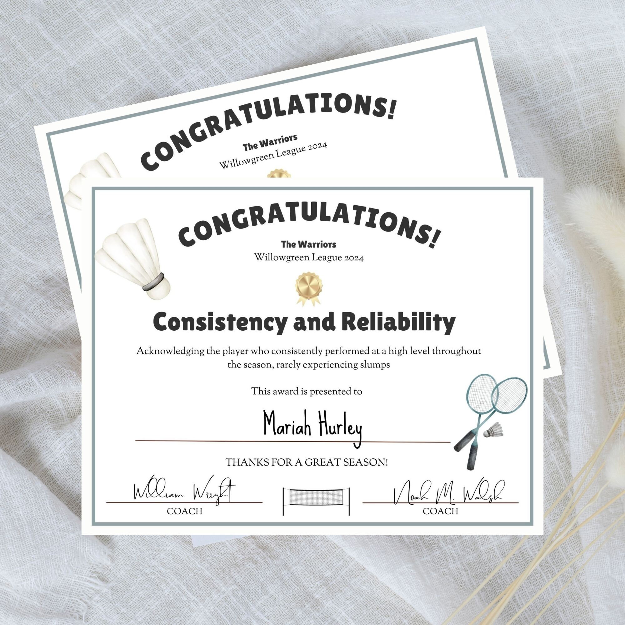 Badminton Award Certificate, Ceremony Certificates, End of Season ...