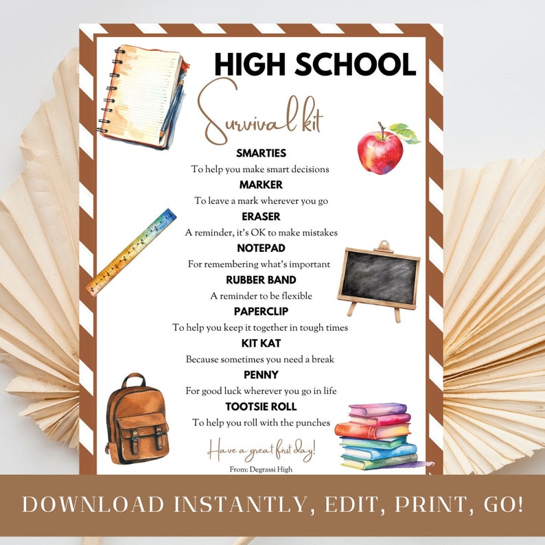 High School Survival Kit Card: Printable Teacher/student Gift (editable ...