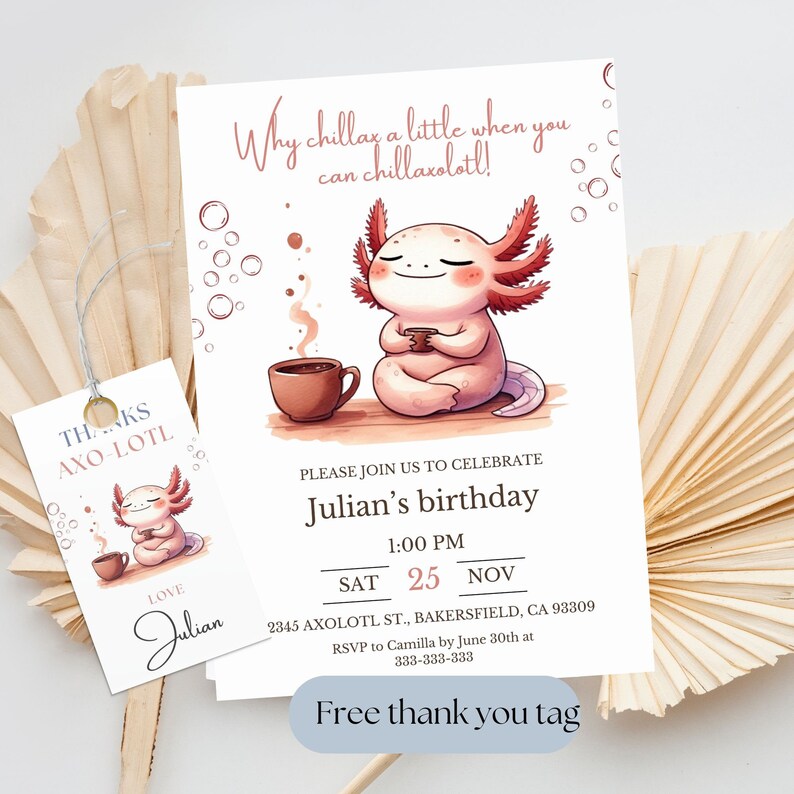 Axolotl Birthday Invitation Boy, Girl Unisex Cute Invite, Editable ...