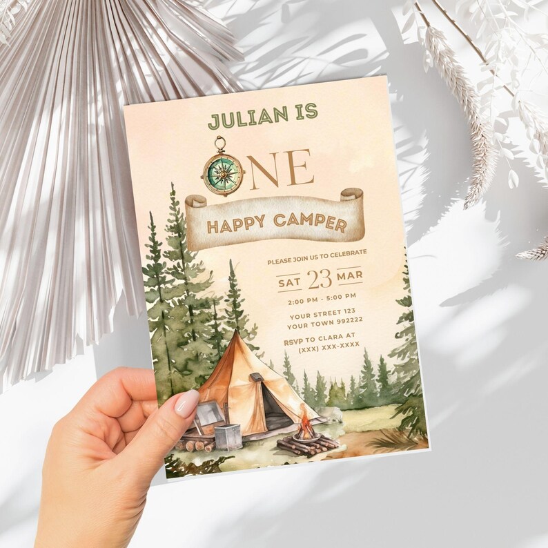 EDITABLE One Happy Camper Invitation, Baby Kids Party Invite, Little Adventure, Girls Boys ...