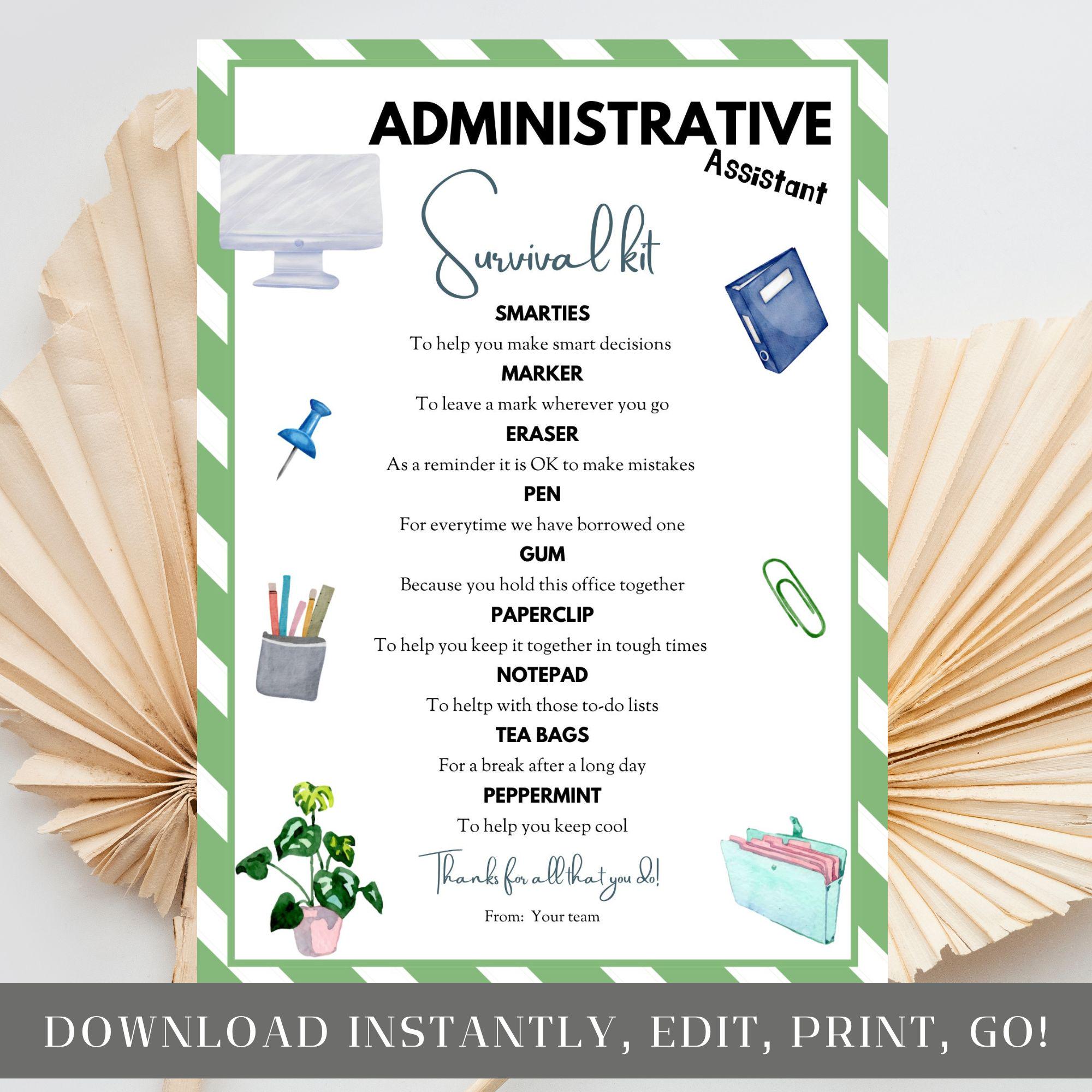 Administrative Assistant Survival Kit Tag: Editable Printable (PDF) - Etsy