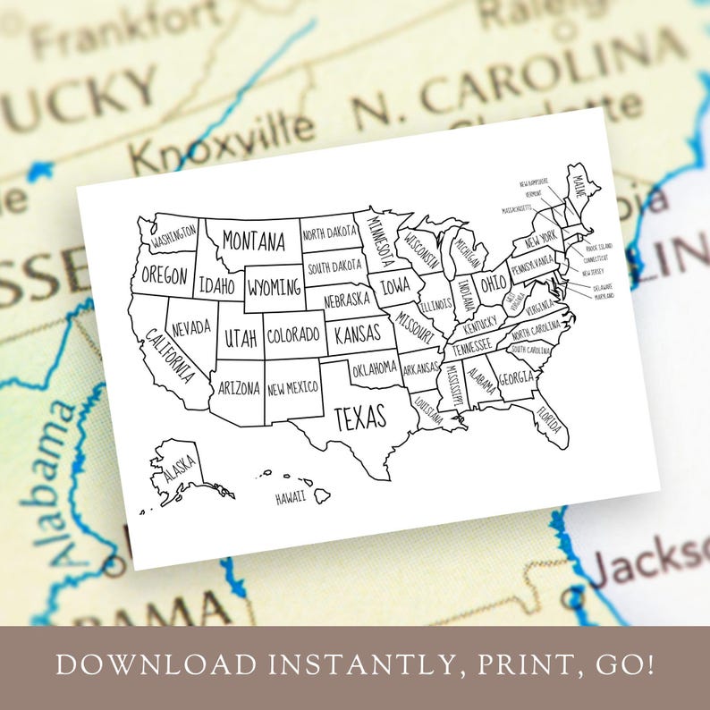 USA Travel Map: 50 States Checklist, Coloring Page (PDF) - Etsy
