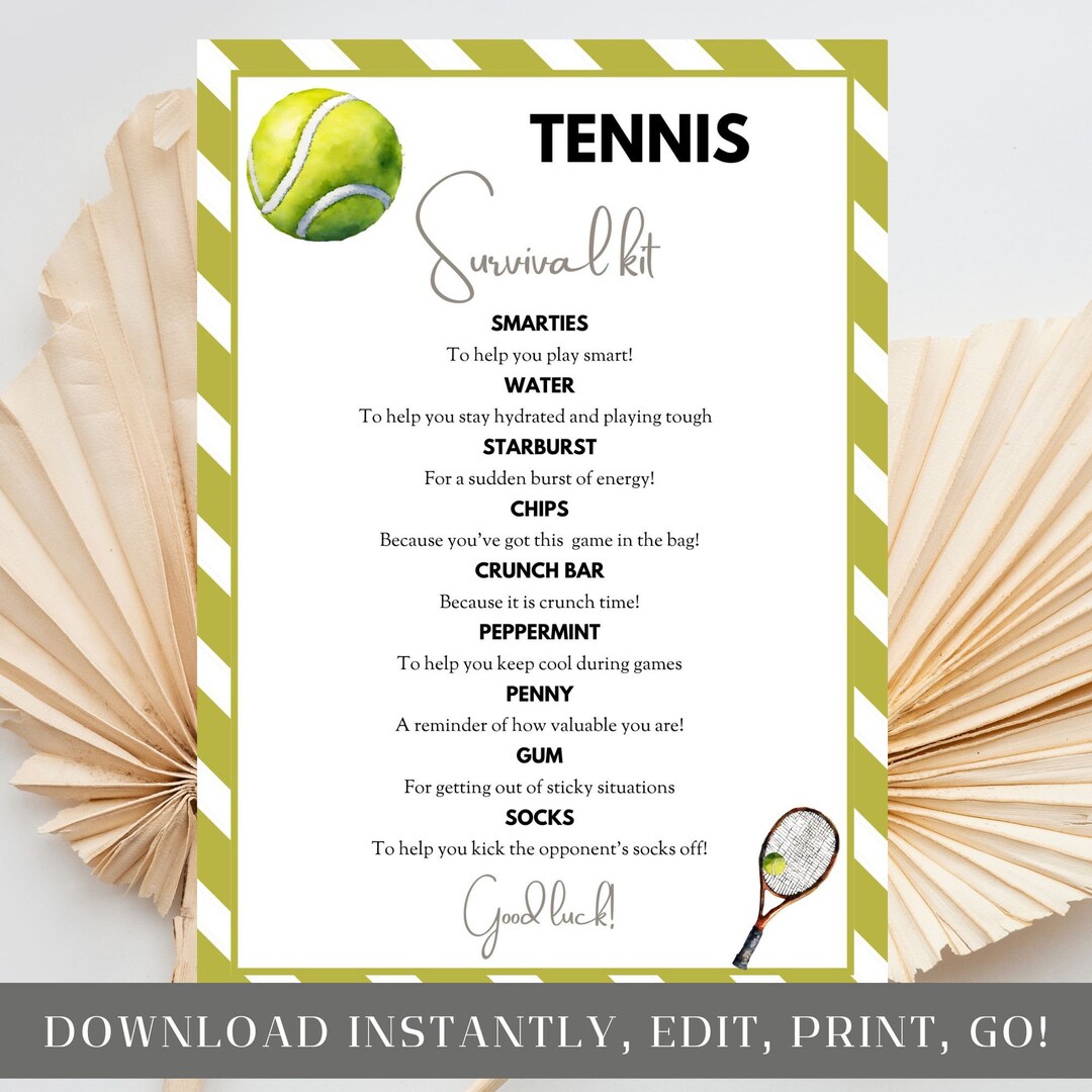 Tennis Survival Kit Printable: Good Luck Gift Tag (editable Template ...