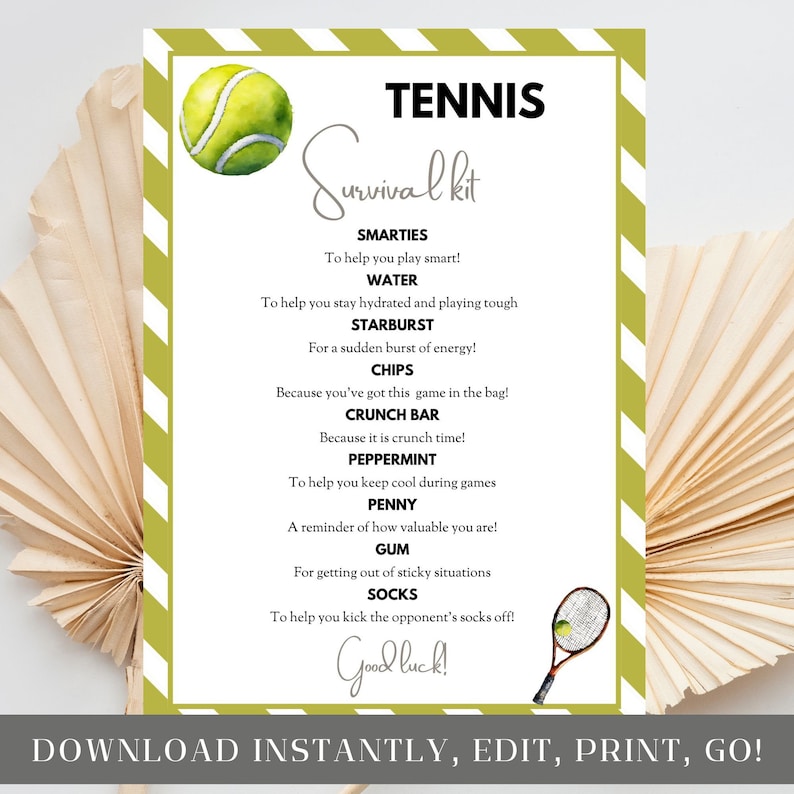 Tennis Survival Kit zum Ausdrucken, viel Glück Geschenkkorb Idee ...
