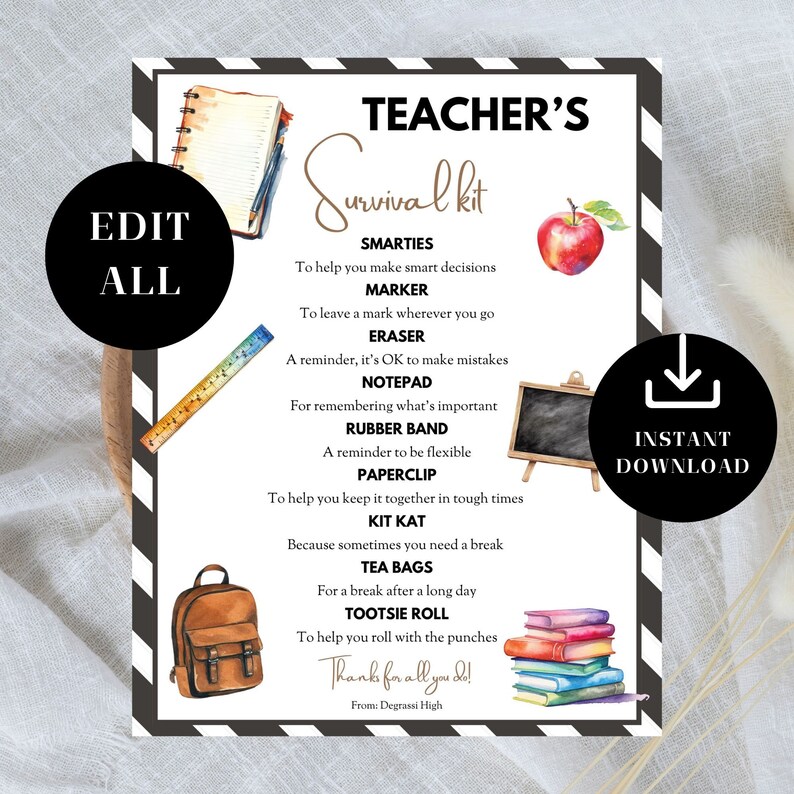 Teacher Survival Kit Printable, Back to School, Pta Pto, Appreciation ...