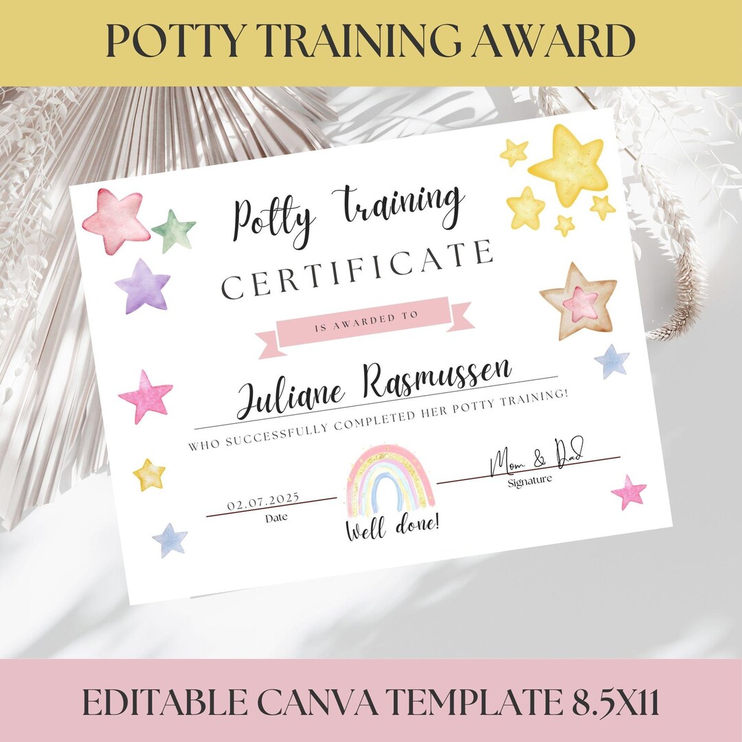 Potty Training Award Certificate for Kids, Toddler's Award, Editable ...