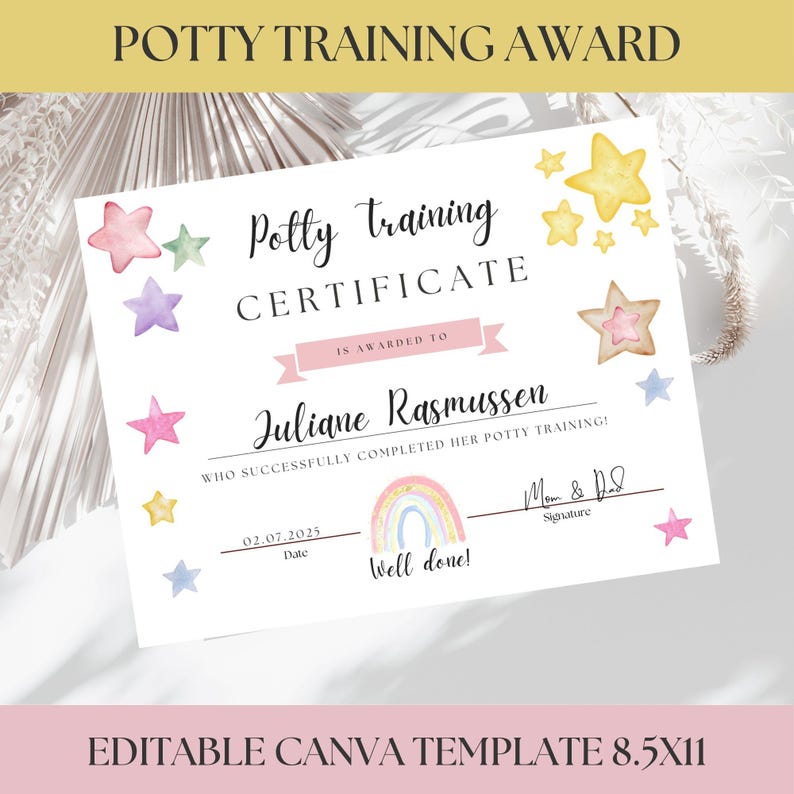 Potty Training Award Certificate for Kids, Toddler's Award, Editable ...