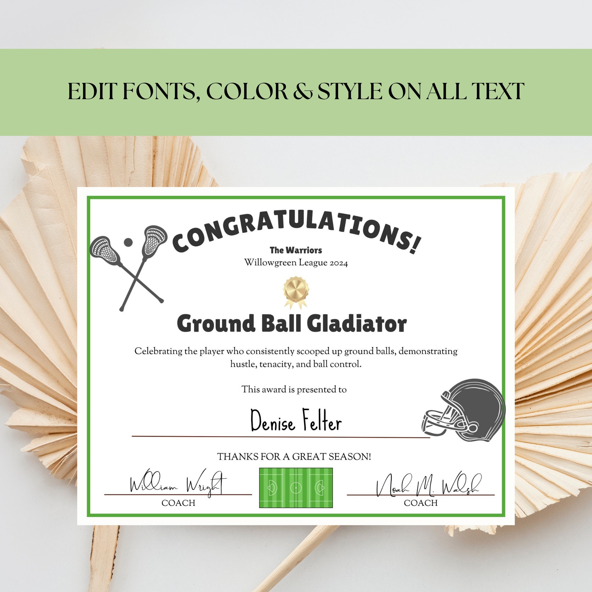 Lacrosse Award Certificates, Ceremony Player Gift, Sports Certificate ...