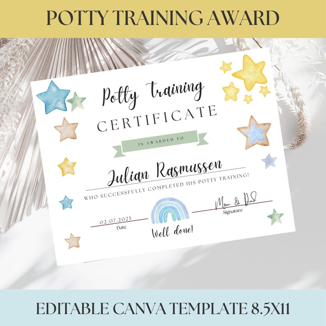 Potty Training Award Certificate for Kids, Toddler's Award, Editable ...