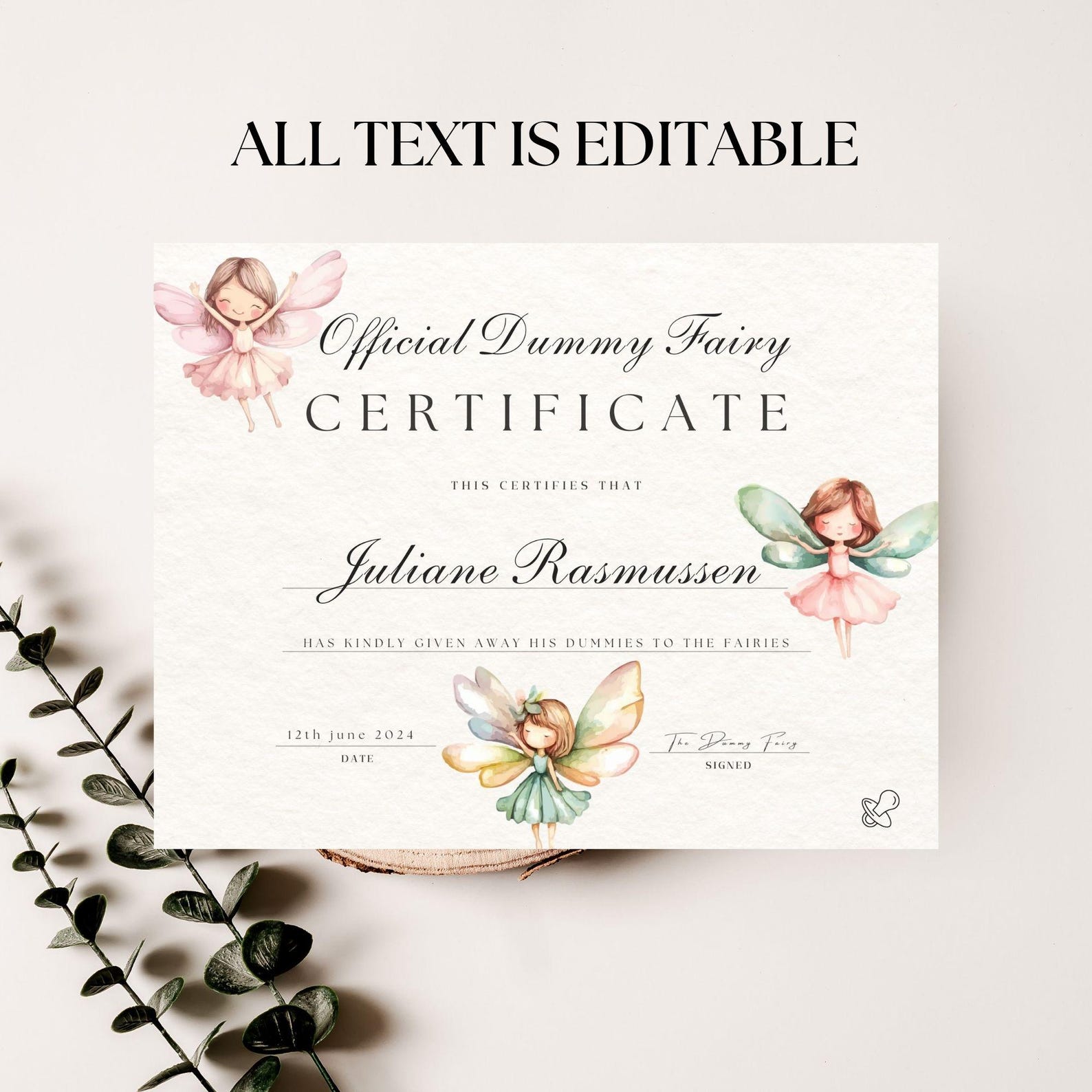 Editable Dummy Fairy Certificate: Watercolor Milestone Keepsake ...