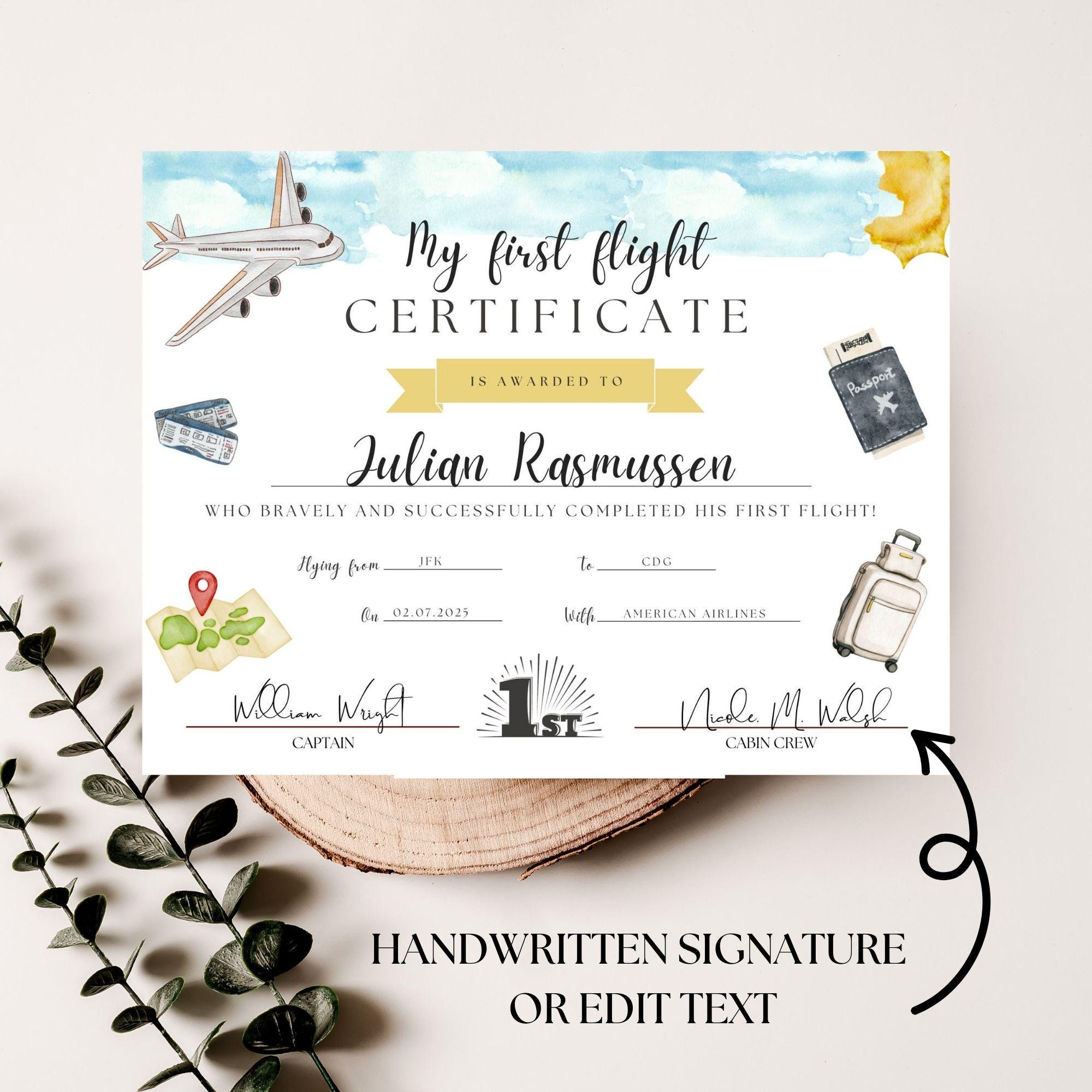 First Flight Certificate Keepsake, Editable Travel Award (digital ...