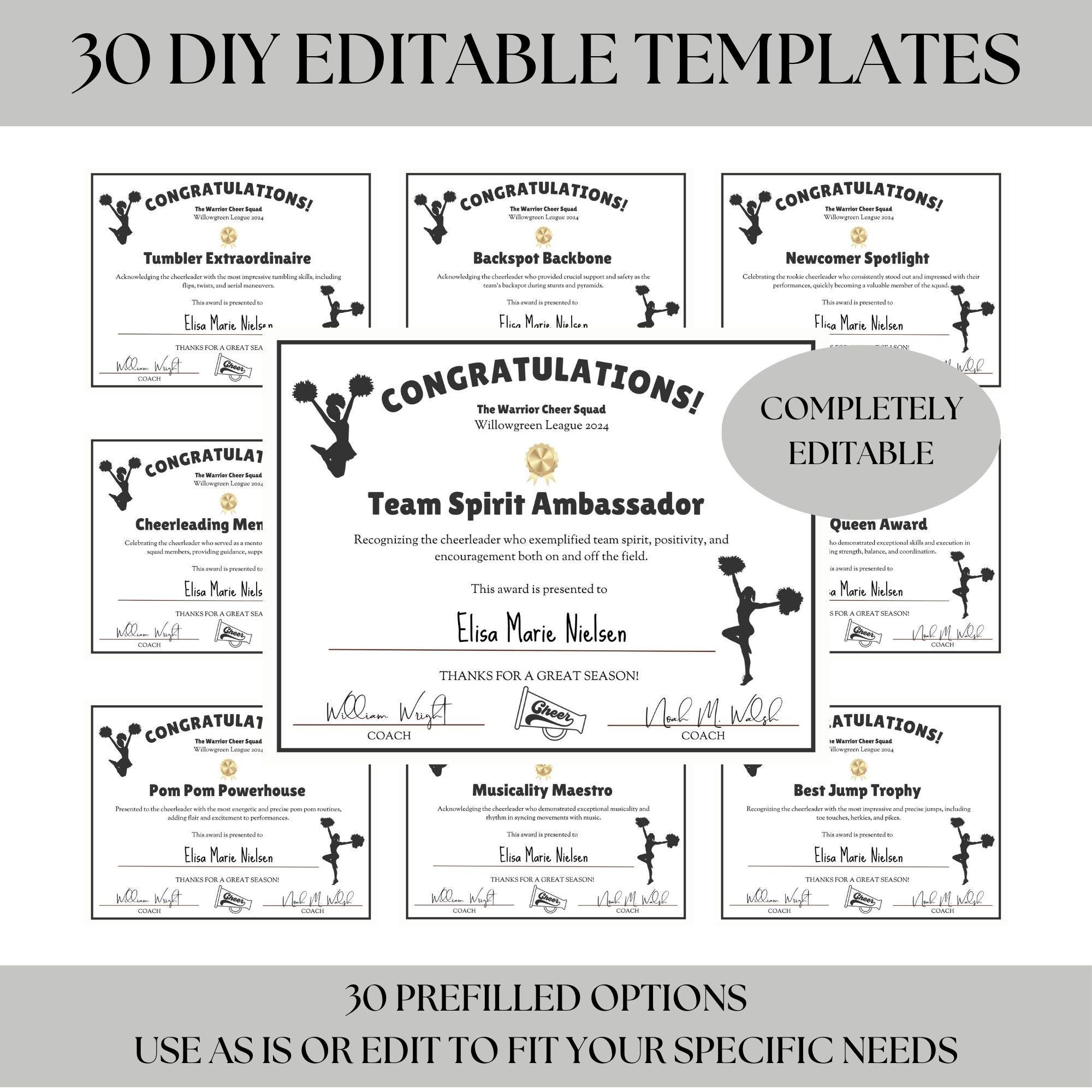 Editable Cheerleading Award Certificate: Team Banquet Template (canva ...