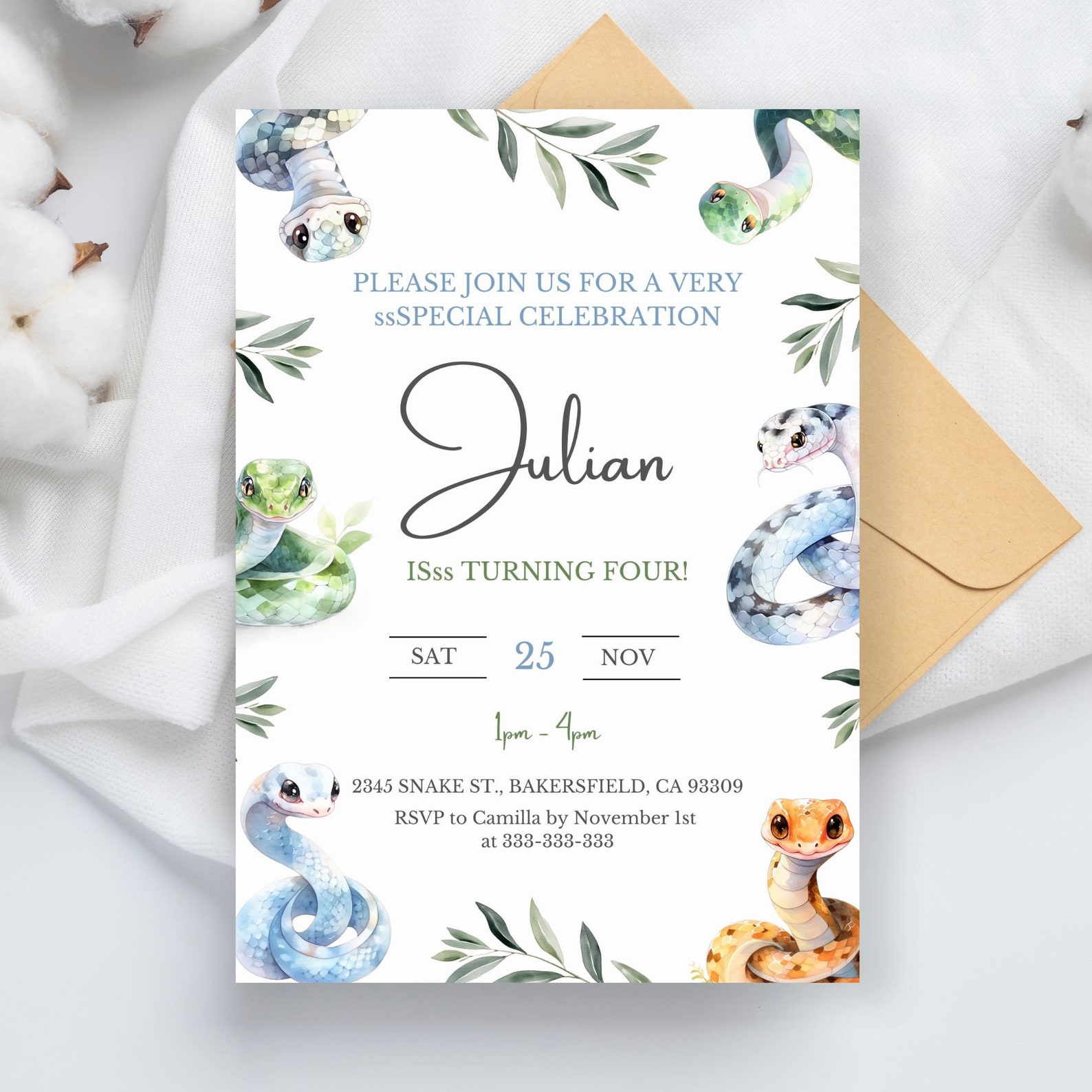 Editable Snake Birthday Invitation: Jungle Theme Party (digital ...