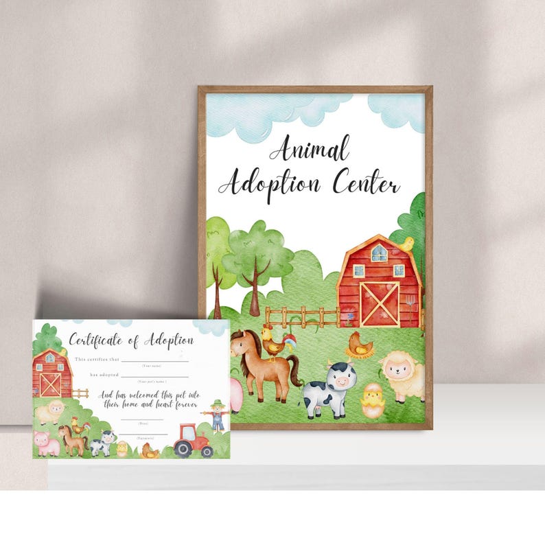 Adopt a Farm Animal Birthday Favor Sign, Pet Adoption Certificate ...