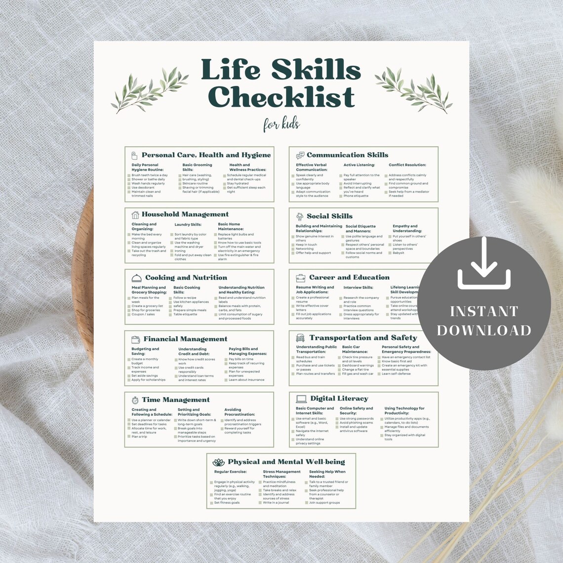 EDITABLE Life Skills Checklist for Kids, Teen Readiness, Tracker ...
