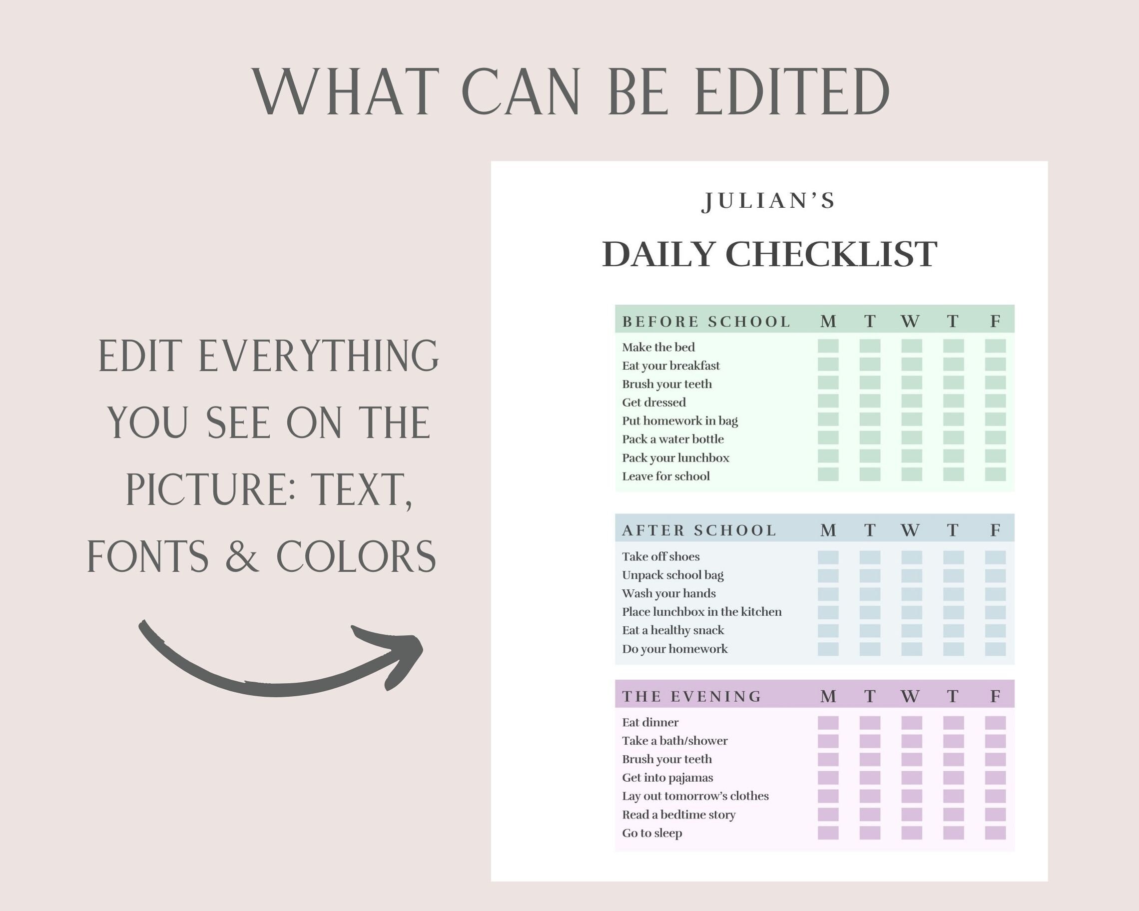 School Day Checklist Schedule Printable & Editable, Toddler Routine ...