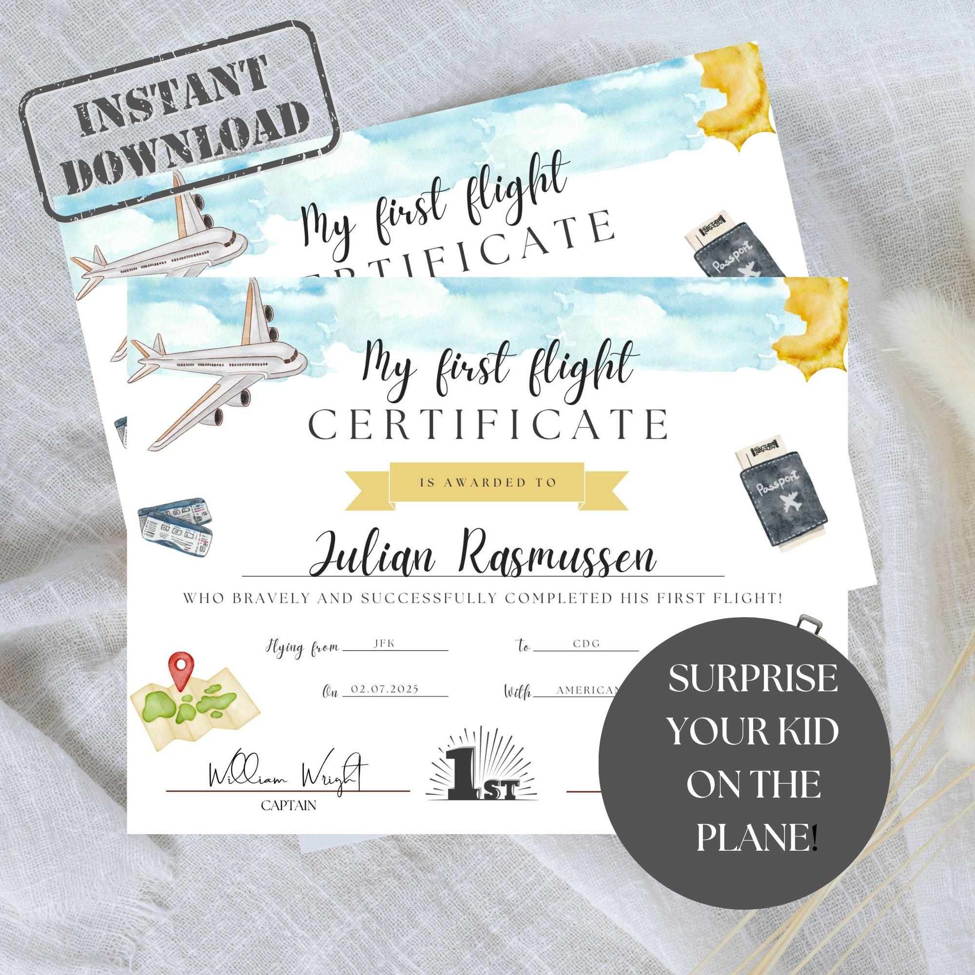 My First Flight Certificate for Kids, Toddler's Award, Vacation Gift ...