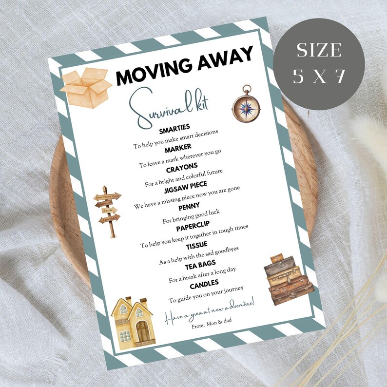 Moving Away Survival Kit Printable, Goodbye & Good Luck, Leaving Home ...