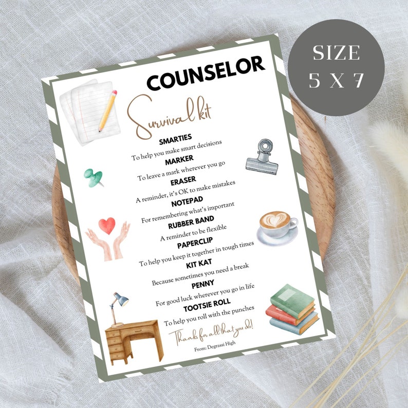 Counselor Survival Kit Card: Back to School Thank You Gift (editable ...