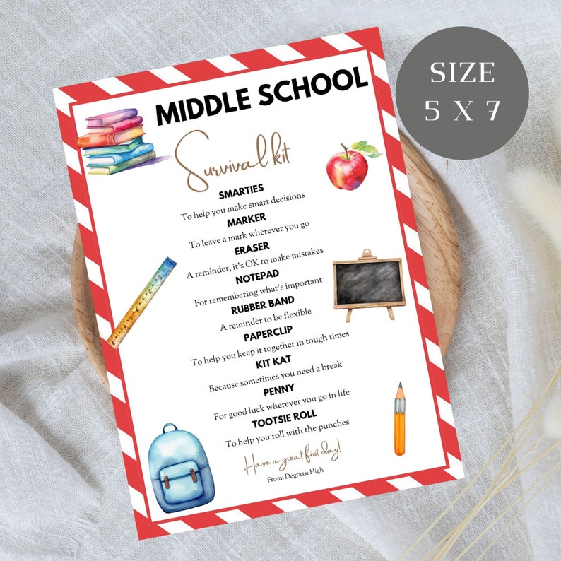 Middle School Survival Kit Printable: Teacher/student Gift (editable ...