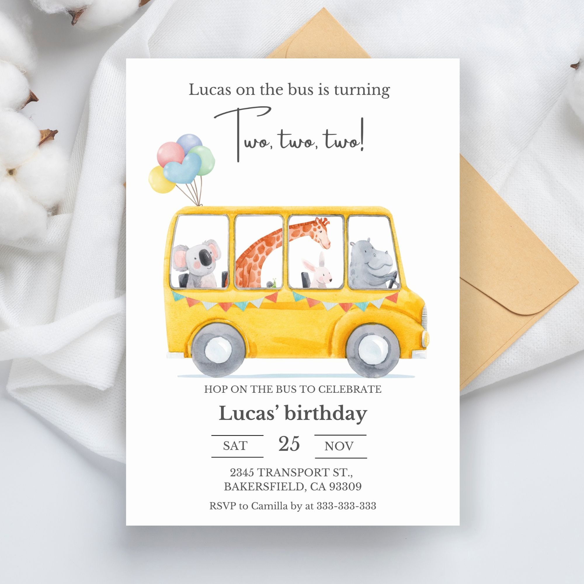 School Bus Birthday Invitation, Wheels on the Bus Party, the Toddler on ...