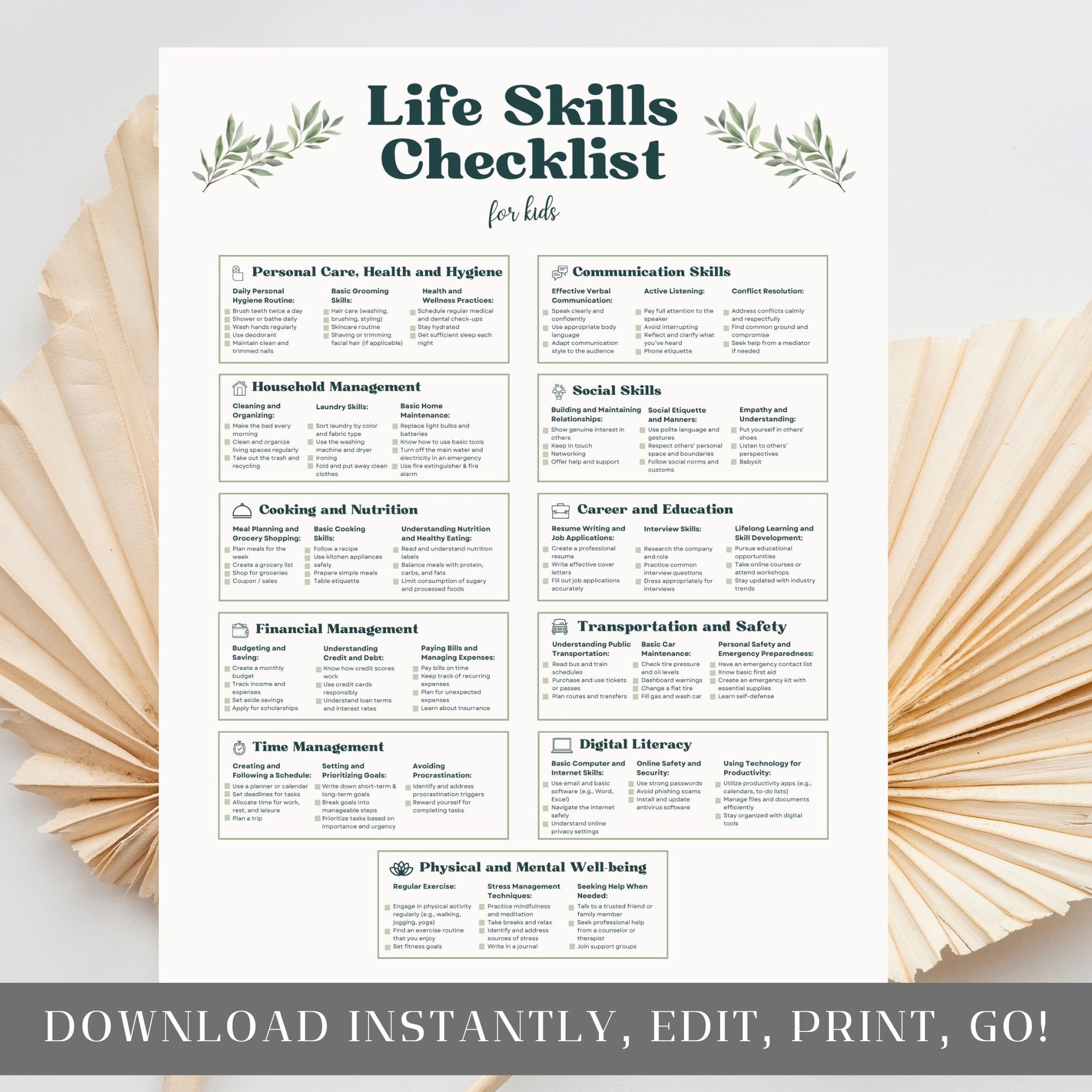 EDITABLE Life Skills Checklist for Kids, Teen Readiness, Tracker ...