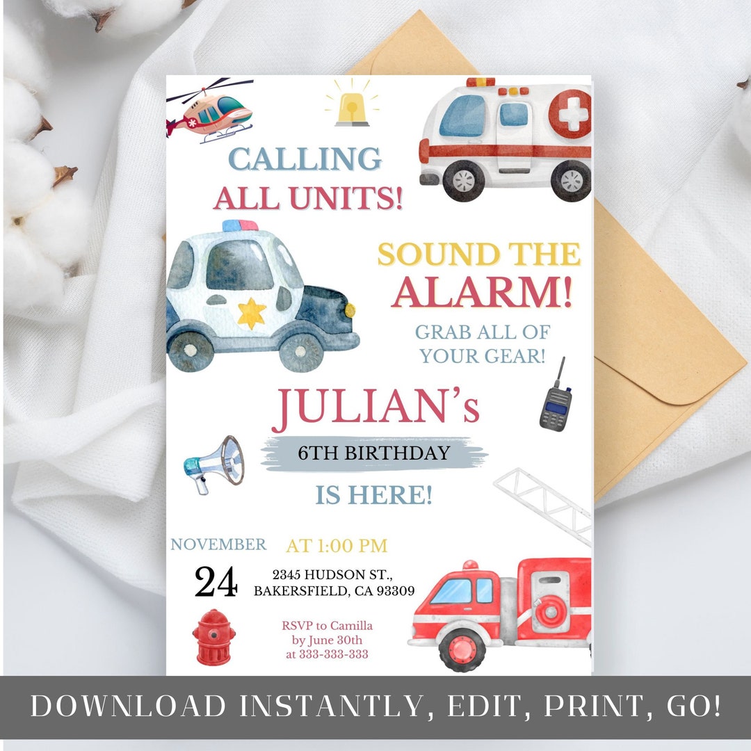 Emergency Vehicles Birthday Invitation: First Responders Party ...
