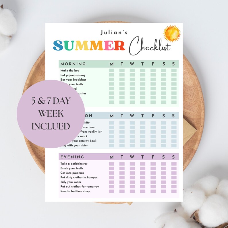 Editable Summer Daily Checklist for Kids: Chore Chart (canva Template ...